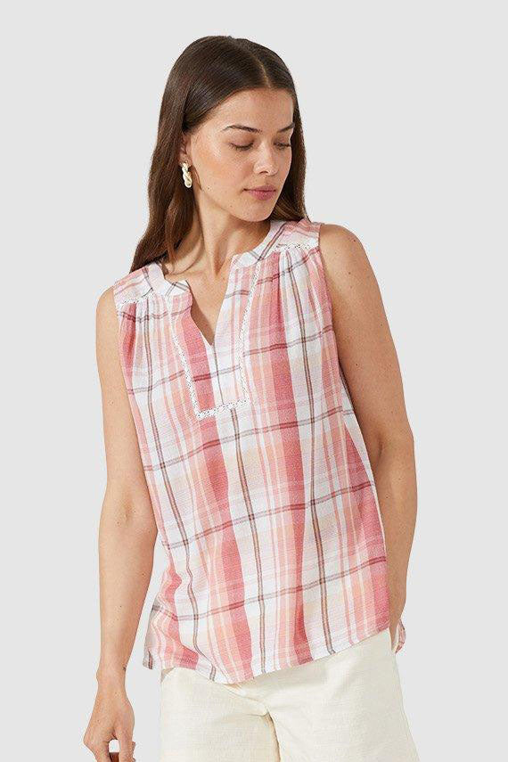 Pink Check Sleeveless Notch Neck Top – Secret Label